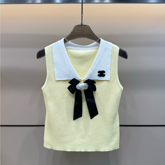 CHANEL | Tops | Chanel Yellow Cream Fitted Tank Top With Sailor Collar ...